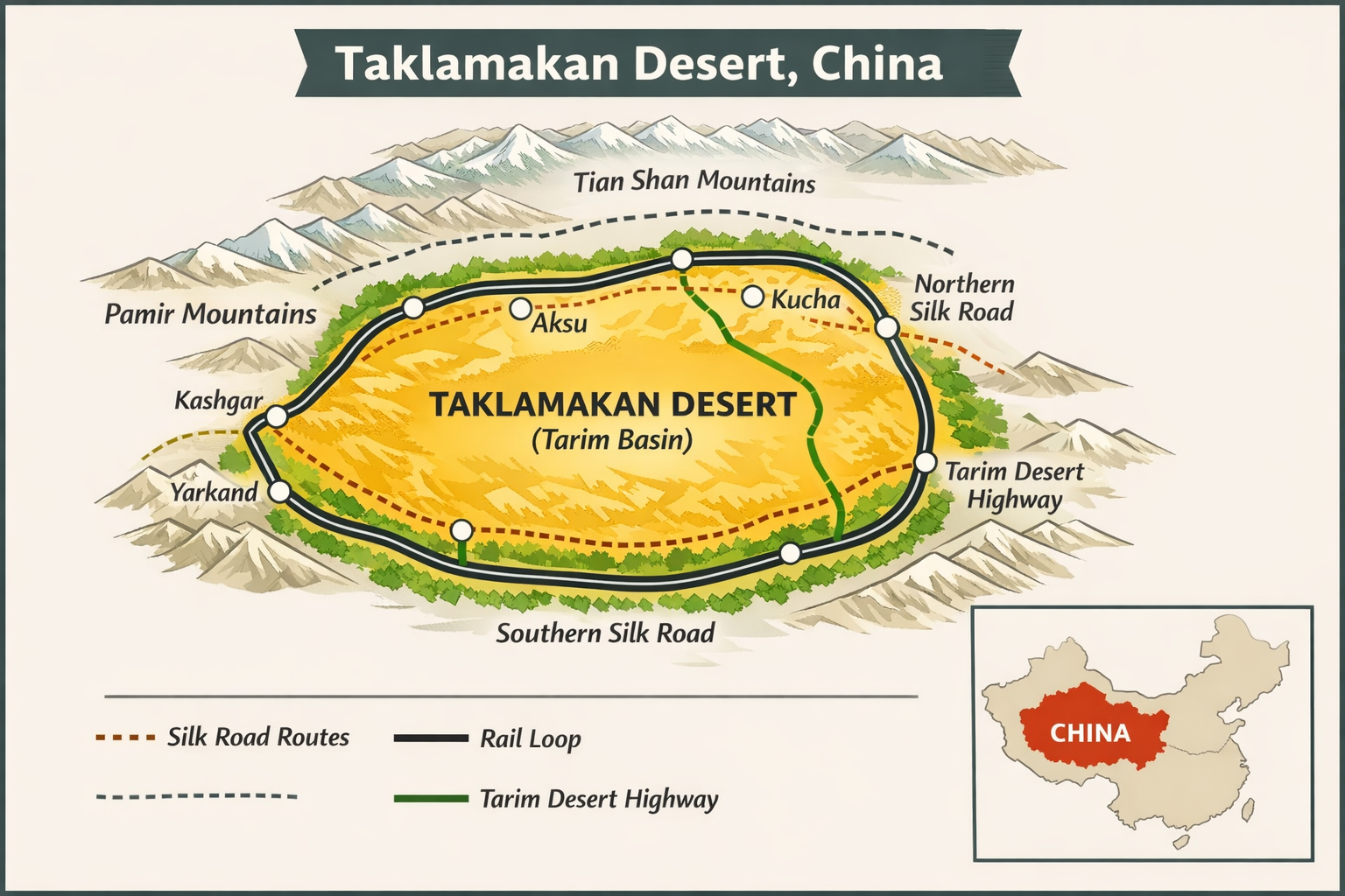 Taklamakan Desert China Map: Location & Routes